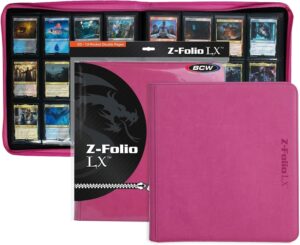 bcw z-folio lx zipper portfolio - premium pink leatherette 12-pocket playset album - secure zipper - 480 card capacity - card collector's dream - card organizer - trading card storage