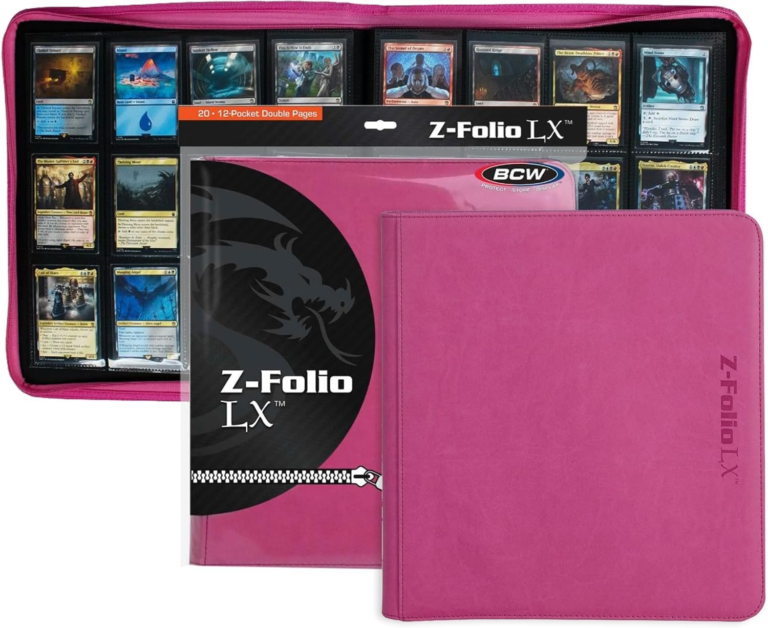 BCW Z-Folio LX Zipper Portfolio - Premium Pink Leatherette 12-Pocket Playset Album - Secure Zipper - 480 Card Capacity - Card Collector's Dream - Card Organizer - Trading Card Storage