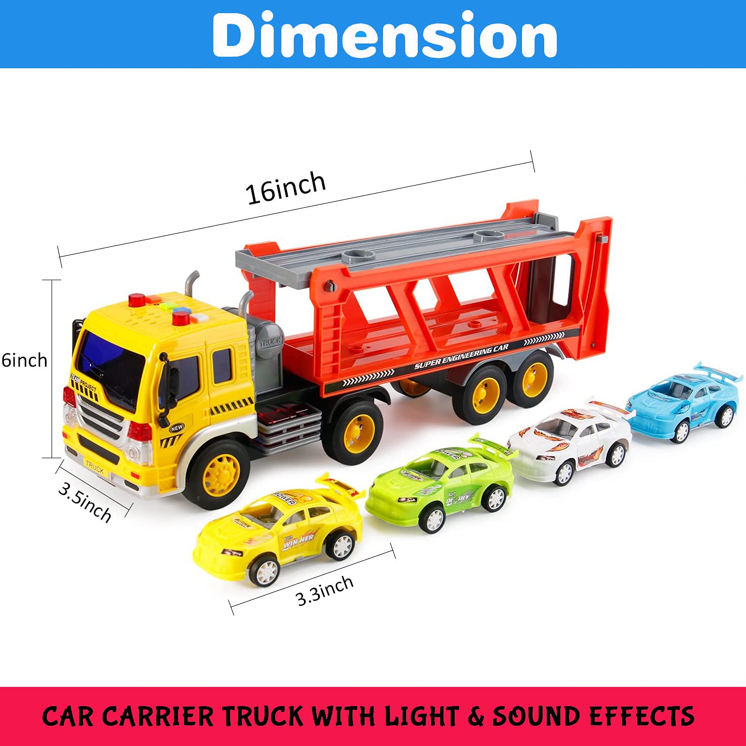 Liberty Imports Friction Powered Transport Car Carrier Truck Kids Toy - Heavy Duty Auto Transporter Trailer with Lights, Sound Effects, and Ramp (Includes 4 Removable Cars)