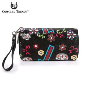 Cowgirl Trendy Western Purse Sugar Skull, Cross Clutch Wallet Day of the Dead Wristlet, Black