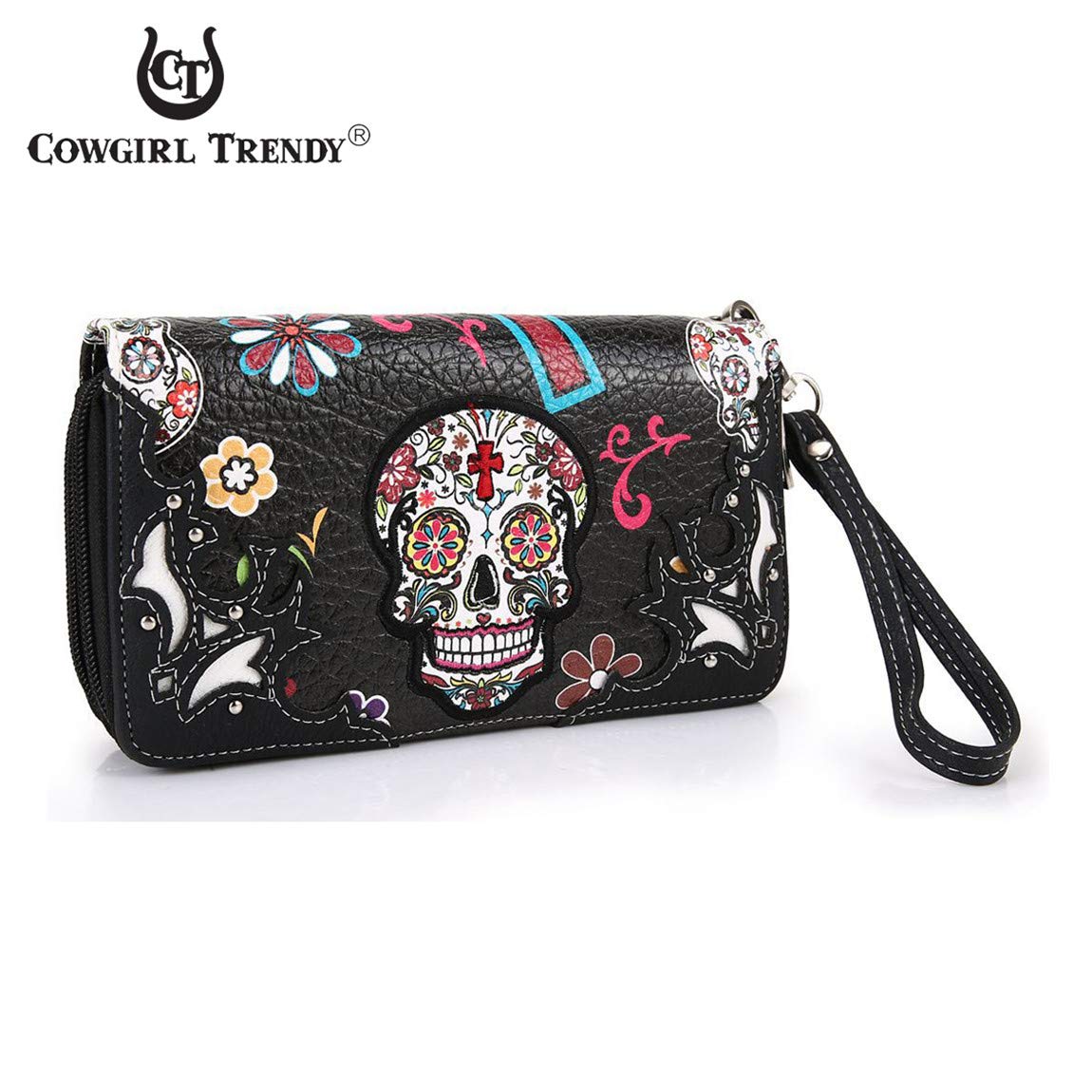 Cowgirl Trendy Western Purse Sugar Skull, Cross Clutch Wallet Day of the Dead Wristlet, Black