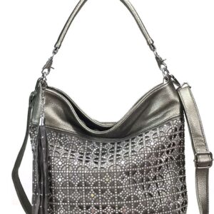 Zzfab Coin Circle Sparkle Hobo Bag with Tassel Pewter