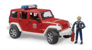 bruder jeep rubicon fire rescue vehicle with electronic emergency siren sounds and fireman figurine