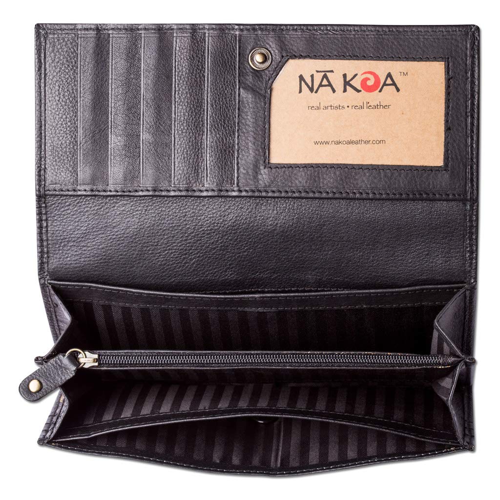 Polynesian Tattoo Women's Leather Clutch Wallet Model "Ahona" Tattoo art by Kuaika Quenga (Black) from NAKOA