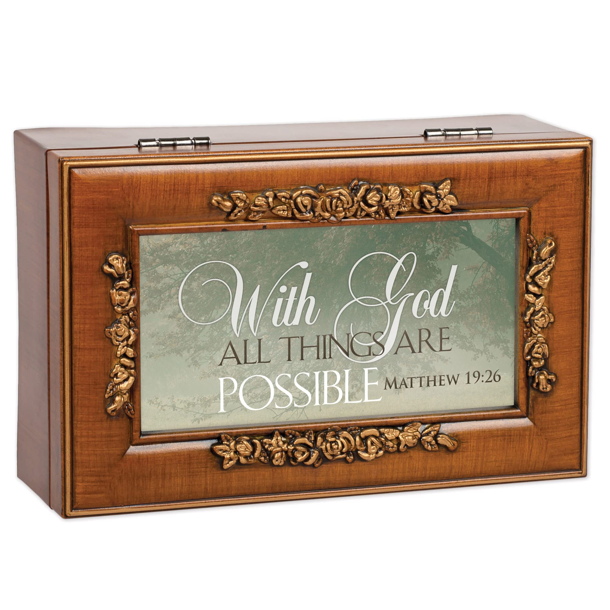 Cottage Garden with God All Things are Possible Woodgrain Embossed Jewelry Music Box Plays Amazing Grace