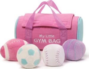 baby gund play soft my little gym bag 5-piece plush playset with rattle, squeaker & crinkle plush toys, sensory toy for babies & newborns, 8"