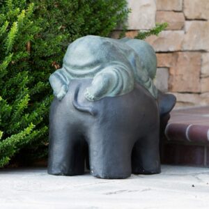 Shaolin Monk on Elephant Buddha Zen Garden Statues Good Luck Elephant - Rustic Green