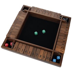 we games shut the box wooden board game - classic 4 player table top math dice game, walnut stained wood, 8.5 inch travel size, 10 numbers, for families and adults