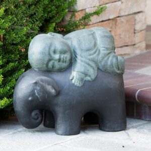 Shaolin Monk on Elephant Buddha Zen Garden Statues Good Luck Elephant - Rustic Green