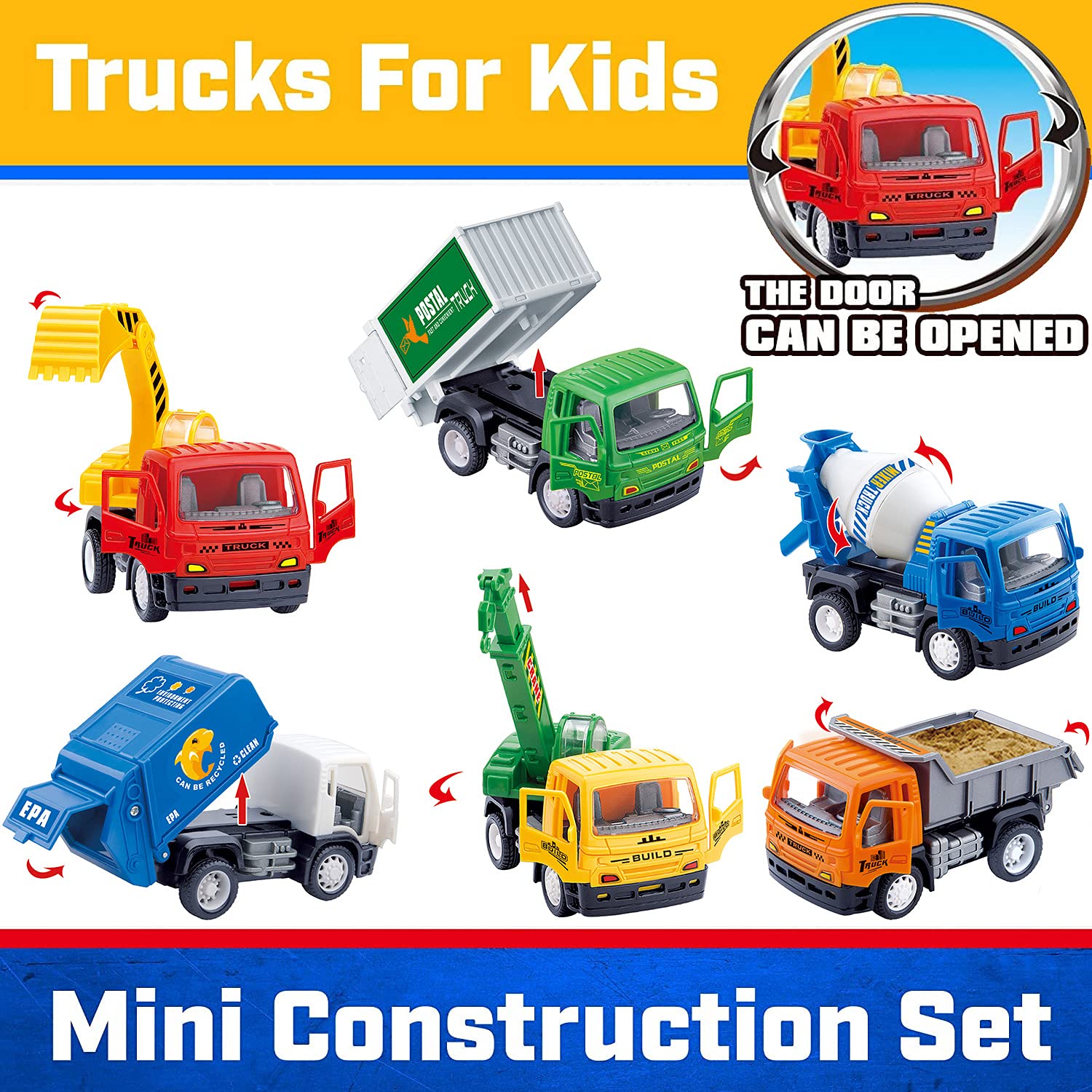 Liberty Imports 6 Pack Pullback City Builder Toy Construction Play Vehicles for Kids - Dump Truck, Cement Mixer, Garbage Truck, Excavator, Crane, Postal Truck