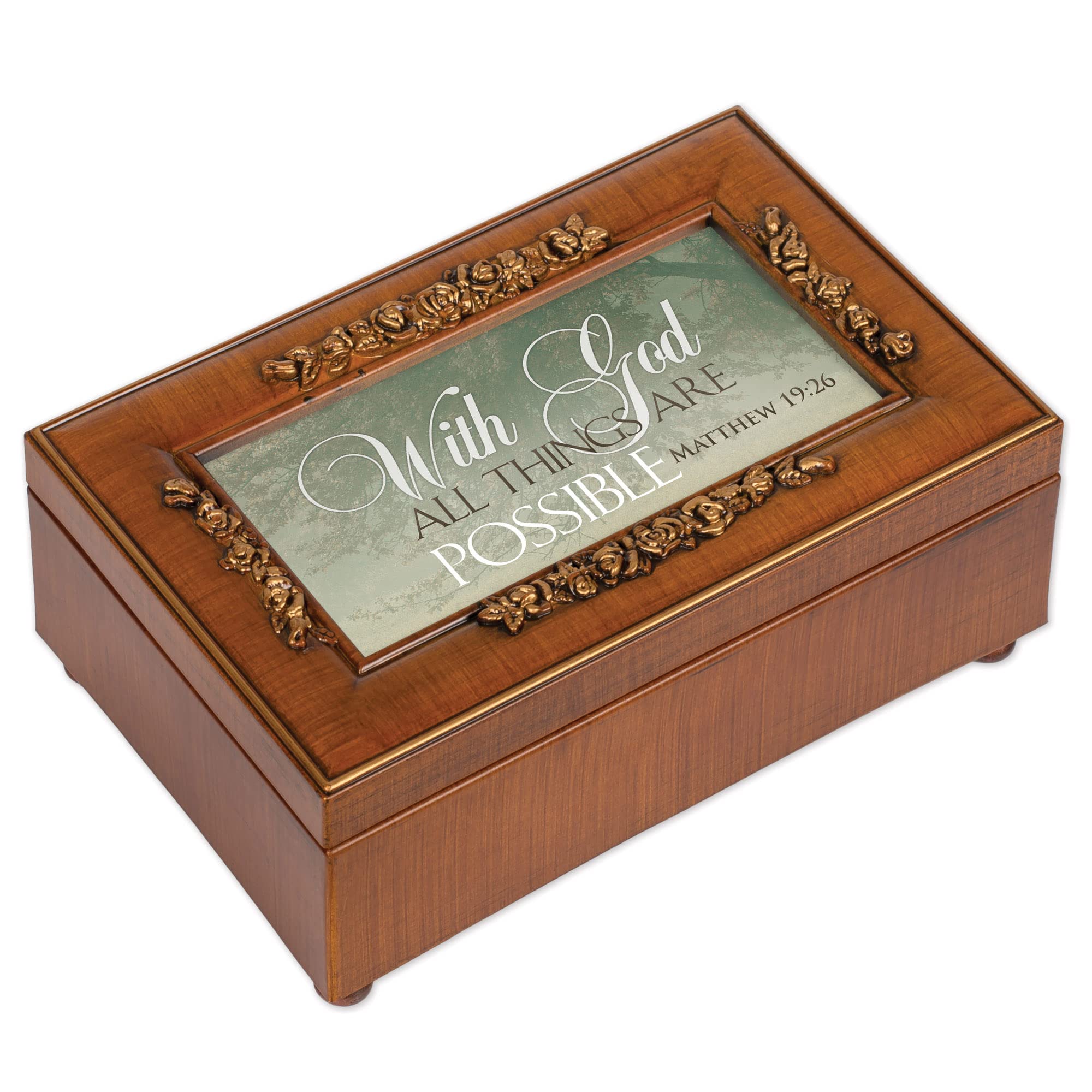 Cottage Garden with God All Things are Possible Woodgrain Embossed Jewelry Music Box Plays Amazing Grace