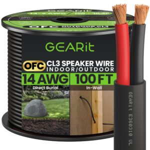 gearit 14/2 speaker wire (100 feet) 14awg gauge - outdoor direct burial in ground/in wall / cl3 cl2 rated / 2 conductors - ofc oxygen-free copper, black 100ft