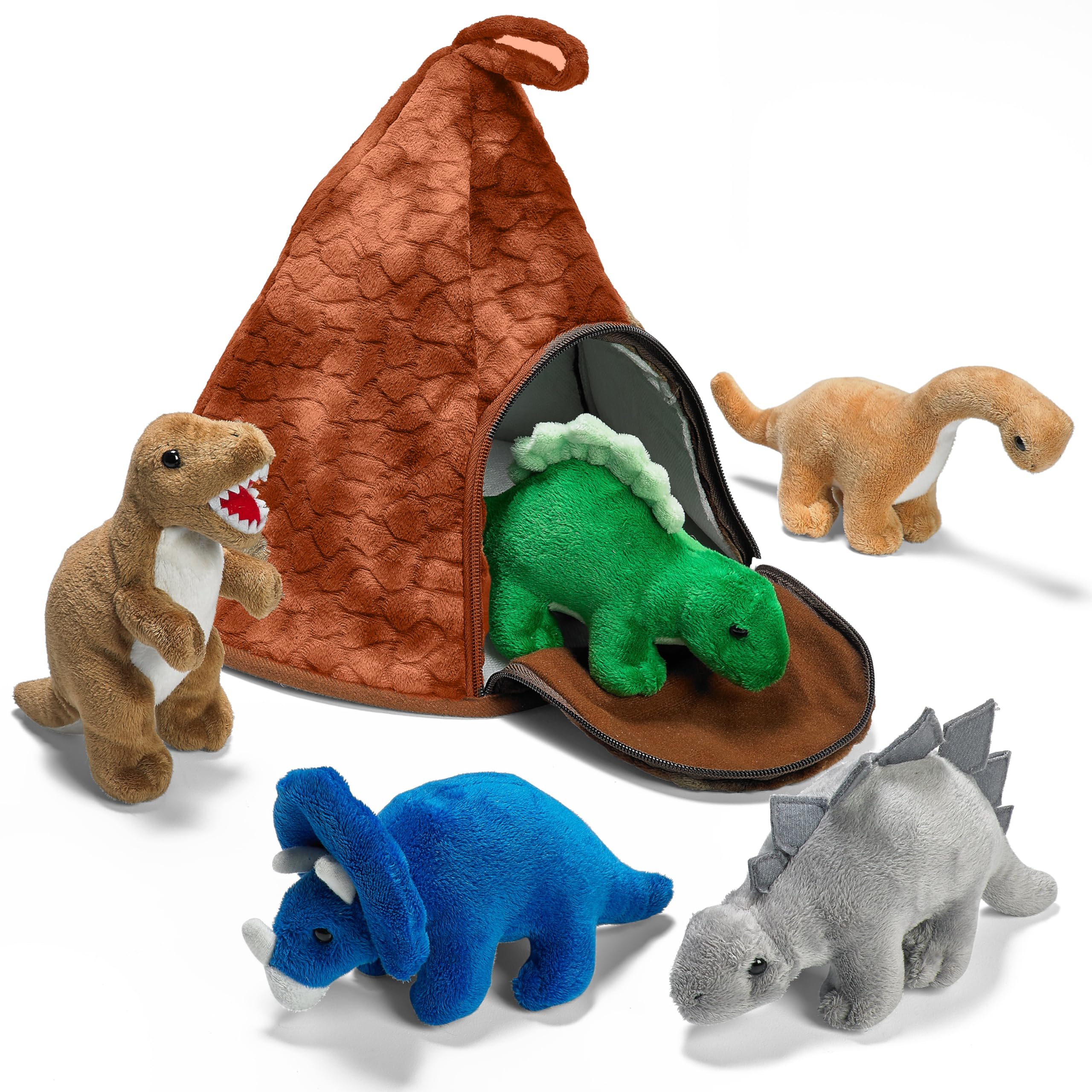 PREXTEX Dinosaur Volcano Plush Toy - Volcano with 5 Dino Plush Set - Dinosaur Toy for Kids - Plush Volcano Zippers 5 Little Dino Stuffed Animals - A Must Have Gift for Dino Lovers