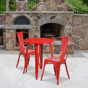 flash furniture commercial grade 24" round red metal indoor-outdoor table set with 2 cafe chairs