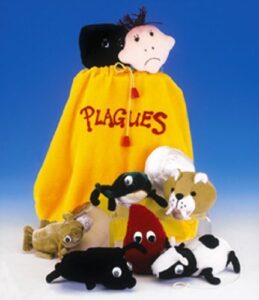 adorable set of ten plush passover plagues representations, with convenient carrying drawstring bag by copa