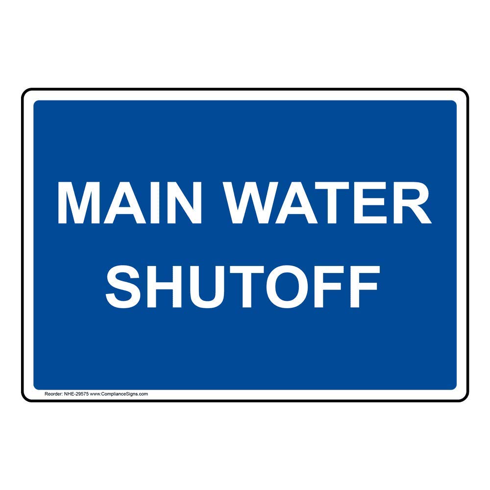 ComplianceSigns.com Main Water Shutoff Label Decal, 5x3.5 inch 4-Pack Vinyl for Dining/Hospitality/Retail