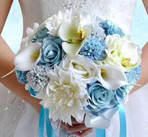 abbie home real touch calla lily dahlia bridal bouquets crystal light blue ribbon beach wedding rose flowers décor (b round bouquet)