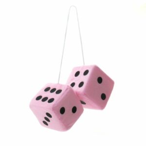 pink fuzzy hanging dice - hanging plush car dice for bunco party supplies or casino events - fluffy 3" square pink dice on a rope