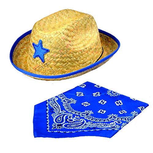 JOYIN Toy Pack of 12 Childs Straw Cowboy Hats with Cowboy Bandannas (6 Red & 6 Blue) Party Favors