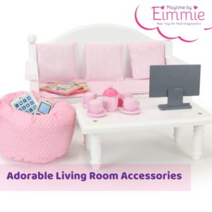 Playtime by Eimmie 18 Inch Doll Furniture - Doll Couch & Coffee Table with Living Room Accessories - Fits American, Generation, My Life & Similar 14"-18" Girl Dolls - White Wood Playset