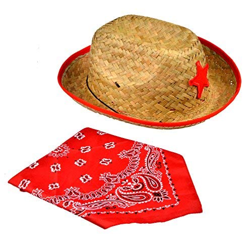 JOYIN Toy Pack of 12 Childs Straw Cowboy Hats with Cowboy Bandannas (6 Red & 6 Blue) Party Favors