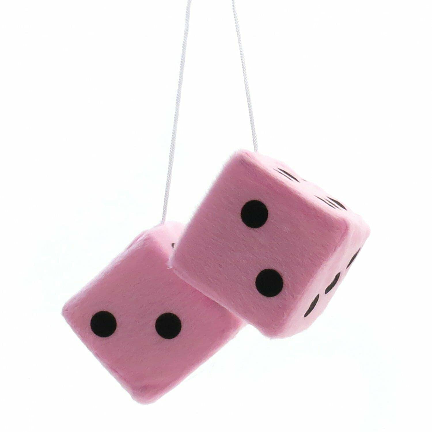 Pink Fuzzy Hanging Dice - Hanging Plush Car Dice for Bunco Party Supplies or Casino Events - Fluffy 3" Square Pink Dice on a Rope