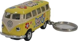 kinsmart 1962 volkswagen classic hippie love & peace bus 1:64 scale 2.5 inch die cast metal model key chain, pullback action, pastel yellow