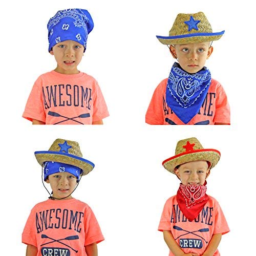 JOYIN Toy Pack of 12 Childs Straw Cowboy Hats with Cowboy Bandannas (6 Red & 6 Blue) Party Favors