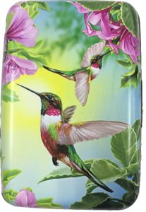 rfid secure armored wallet - wings, hummingbird with purple flowers