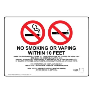 compliancesigns.com oregon no smoking within 10 ft oregon air act label decal, 5x3.5 in. 4-pack vinyl for state no smoking