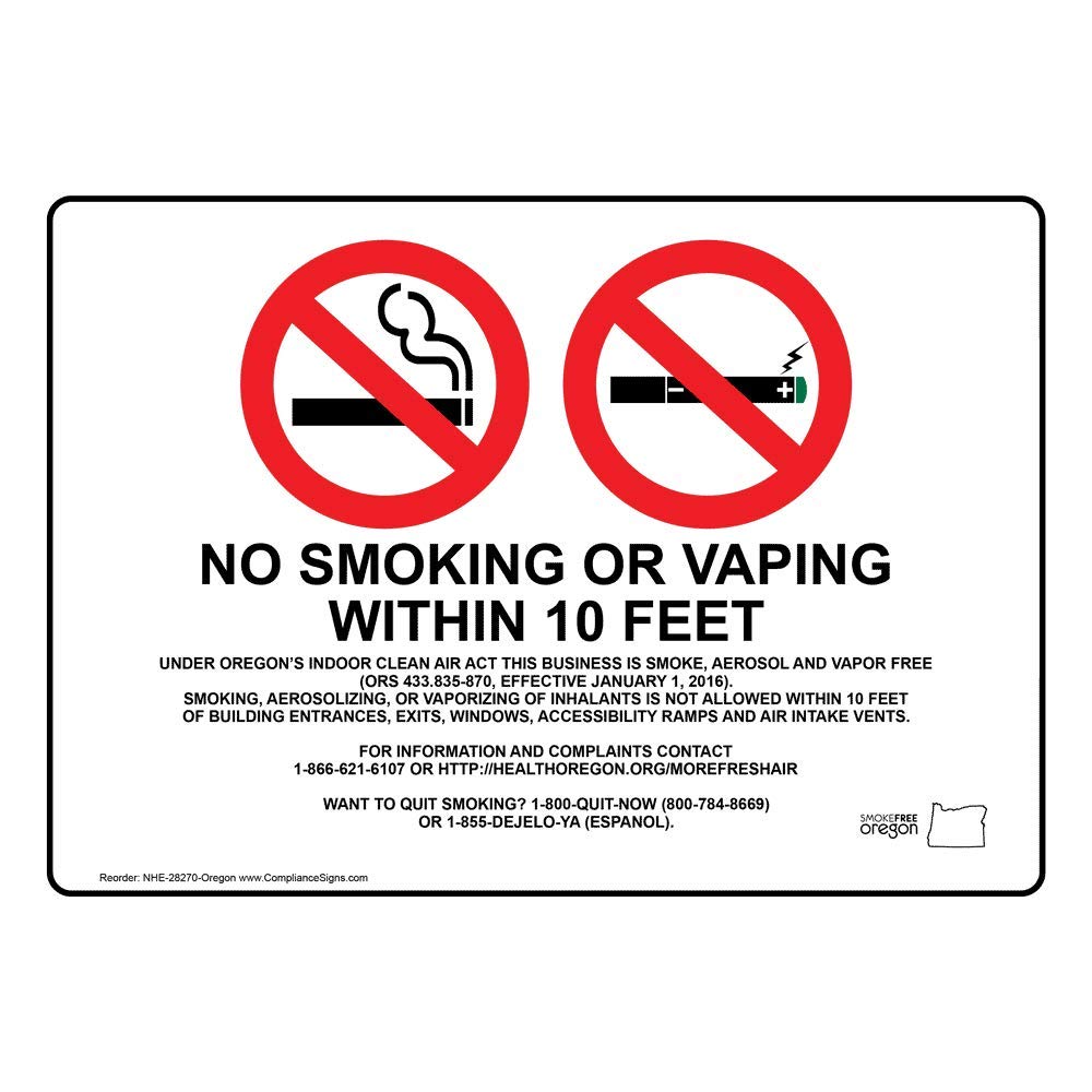 ComplianceSigns.com Oregon No Smoking Within 10 Ft Oregon Air Act Label Decal, 5x3.5 in. 4-Pack Vinyl for State No Smoking