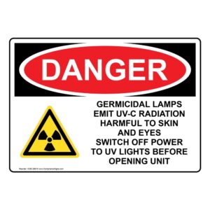 compliancesigns.com danger germicidal lamps emit uv-c radiation osha safety label decal, 5x3.5 in. vinyl 4-pack for process hazards hazmat