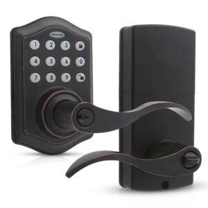 honeywell safes & door locks - keyless entry lever door lock handle with electronic keypad - easy to install front door lock with 50 user pin codes - oil rubed bronze, 6.5 x 8.8 x 9 in - 8734401