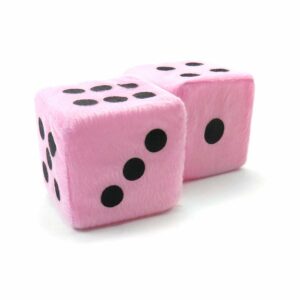 Pink Fuzzy Hanging Dice - Hanging Plush Car Dice for Bunco Party Supplies or Casino Events - Fluffy 3" Square Pink Dice on a Rope