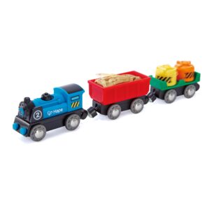 hape battery powered engine set | colorful wooden train set, battery operated locomotive with working lamp