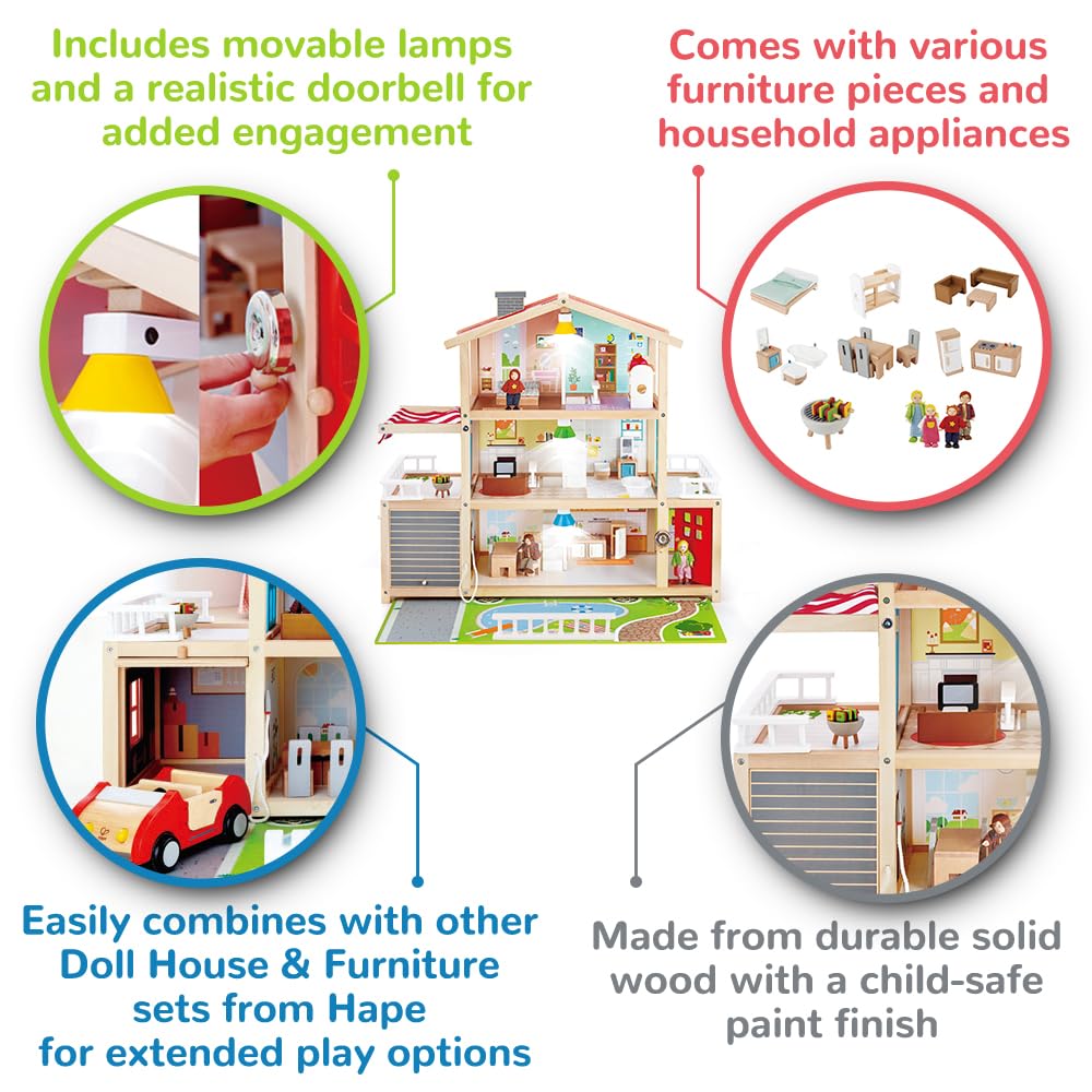 Hape Doll Family Mansion| Award Winning 10 Bedroom Doll House, Wooden Play Mansion with Accessories for Ages 3+ Years