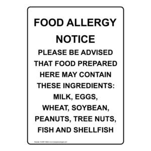 compliancesigns.com vertical food allergy notice please be advised label decal, 5x3.5 in. 4-pack vinyl for safe food handling