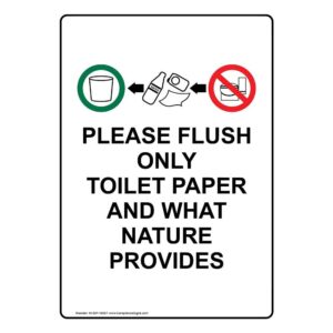 compliancesigns.com vertical please flush only toilet paper and what nature provides label decal, 5x3.5 in. 4-pack vinyl for restrooms