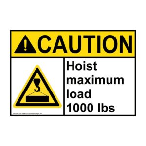 compliancesigns.com caution hoist maximum load 1000 lbs ansi safety label decal, 5x3.5 in. vinyl 4-pack for industrial notices