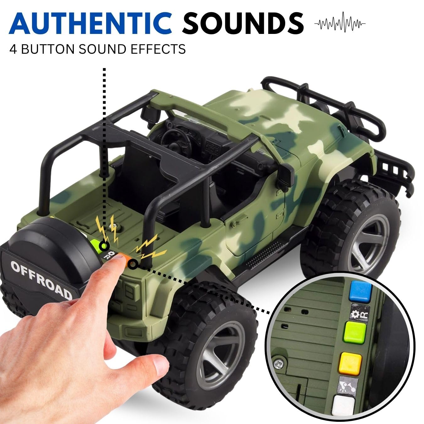 Liberty Imports Army Military Wrangler Friction Powered 1:16 Scale Model Off Road Vehicle w/Car Button Light & Sound, Push & Go Toy Rescue Battle Truck Toy