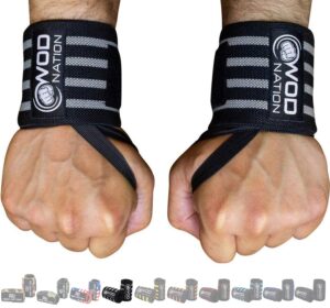 wod nation wrist wraps for weightlifting, 12” professional gym wrist straps w/thumb loop men & women, wrist support wraps for strength training, powerlifting & bodybuilding (black/grey)