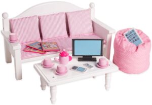 playtime by eimmie 18 inch doll furniture - doll couch & coffee table with living room accessories - fits american, generation, my life & similar 14"-18" girl dolls - white wood playset