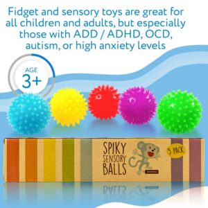 [5 Pack] Spiky Sensory Balls - Squeezy and Bouncy Fidget Toys - Sensory Toys – No BPA Phthalates Latex – School and Special Education Supply