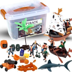 liberty imports bucket of pirate action figures toys playset with pirate ship, boat, treasure chest, cannons, shark for kids imaginary pretend play