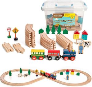 on track usa wooden train set 35 piece all in one wooden toy train tracks set with magnetic trains and railway accessories, comes in a clear container, compatible with all major brands