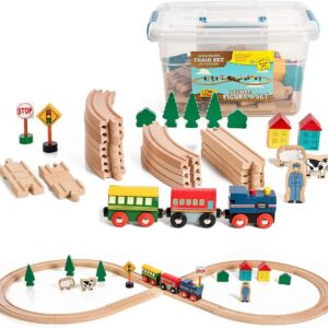 On Track USA Wooden Train Set 35 Piece All in One Wooden Toy Train Tracks Set with Magnetic Trains and Railway Accessories, Comes in A Clear Container, Compatible with All Major Brands