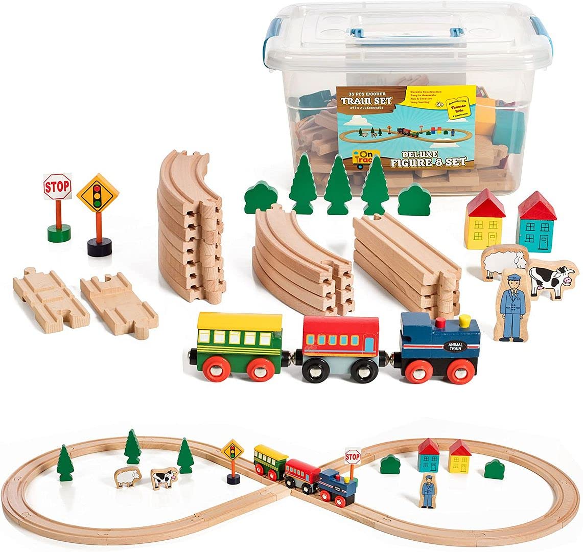 On Track USA Wooden Train Set 35 Piece All in One Wooden Toy Train Tracks Set with Magnetic Trains and Railway Accessories, Comes in A Clear Container, Compatible with All Major Brands