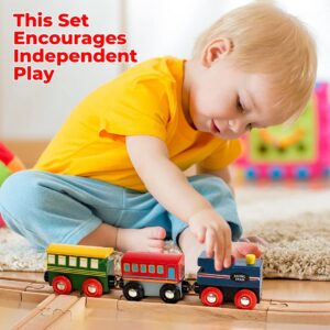 On Track USA Wooden Train Set 35 Piece All in One Wooden Toy Train Tracks Set with Magnetic Trains and Railway Accessories, Comes in A Clear Container, Compatible with All Major Brands