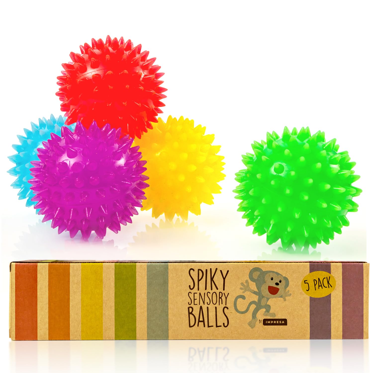 [5 Pack] Spiky Sensory Balls - Squeezy and Bouncy Fidget Toys - Sensory Toys – No BPA Phthalates Latex – School and Special Education Supply