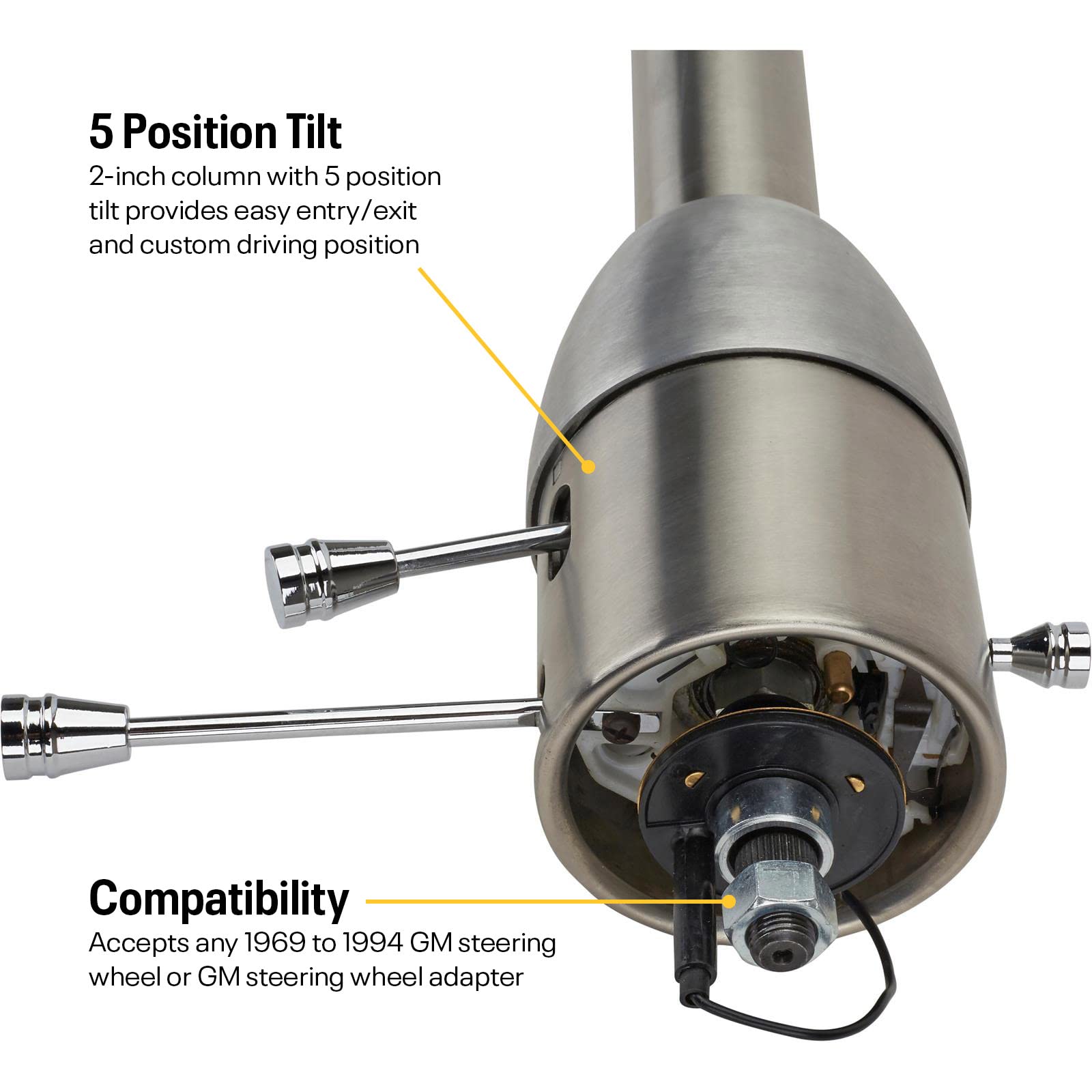 Universal GM 33-Inch Tilt Steering Column, Floor Shift, 5-Position Adjustable, Compatible with OE & Aftermarket Harnesses, 1969-1994 GM Specs, Includes Chrome Levers, Raw